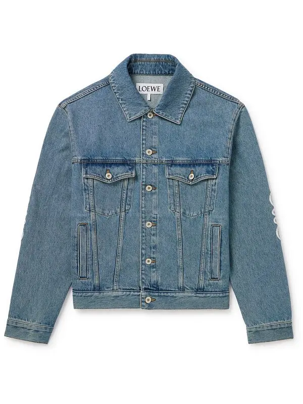 Loewe Anagram Leather-trimmed Cutout Denim Trucker Jacket - Blue