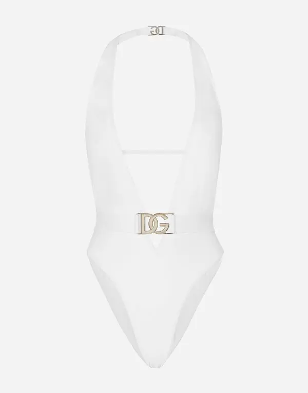 Dolce & Gabbana Plunging V-neck One-piece Swimsuit - White