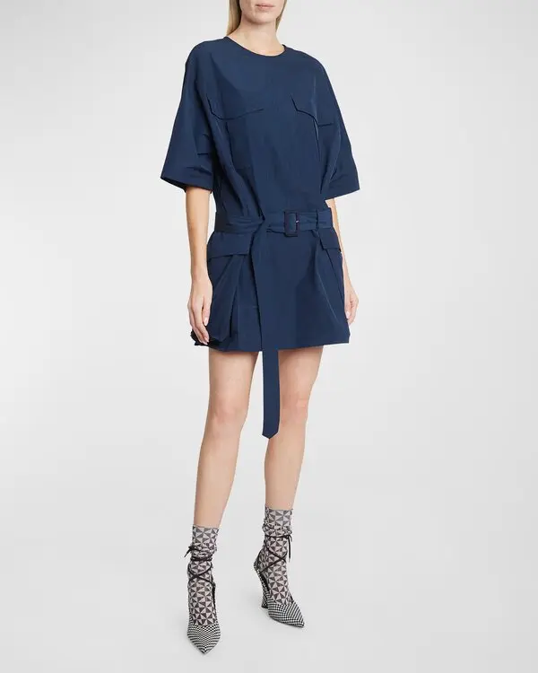 Dries Van Noten Dockets Short-Sleeve Belted Pleated Mini Dress 