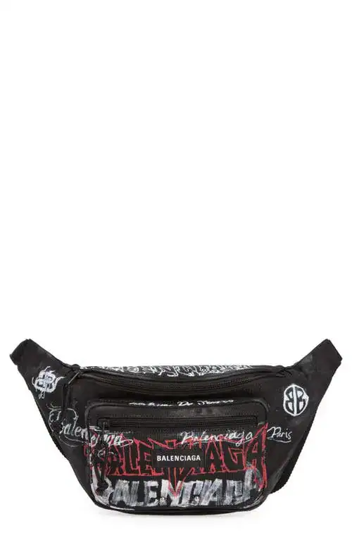 Balenciaga Explorer Canvas Belt Bag With Graffiti Logo In Black