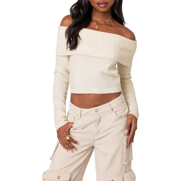 EDIKTED Tamara Foldover Off The Shoulder Sweater - Cream