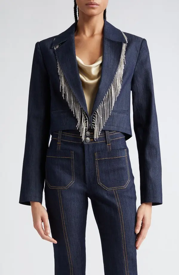 Denim Boyfriend Cut Blazer Cinq à Sept Dara Rhinestone Fringe