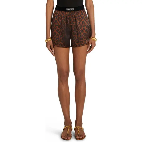 TOM FORD Reflected Leopard Print Stretch-silk Pajama Shorts - Camel