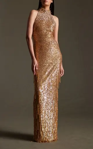 Pamella Roland High Neck Beaded Gown Us 0 Only - Gold | Editorialist