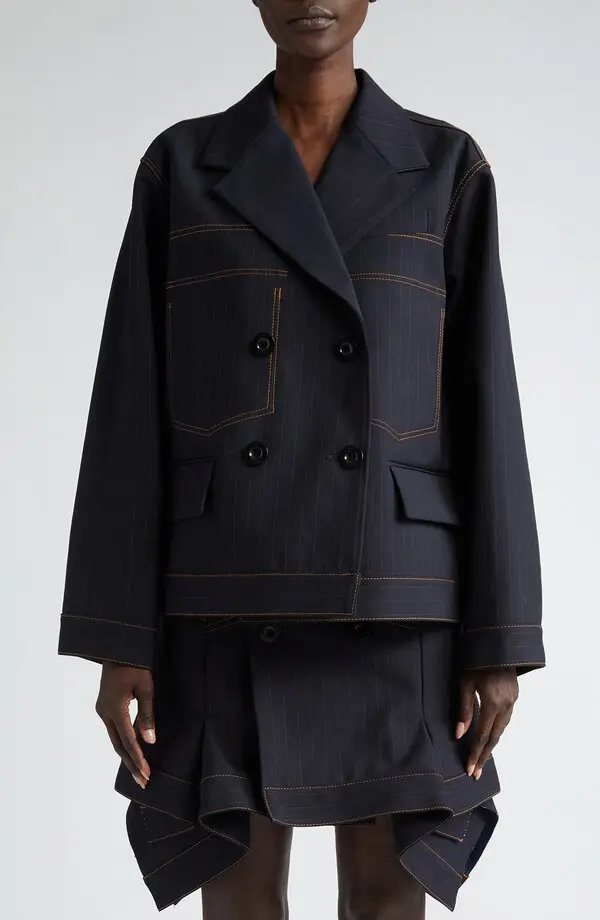 Sacai Chalk Stripe Bonding Jacket In Navy - 52% Off | Editorialist