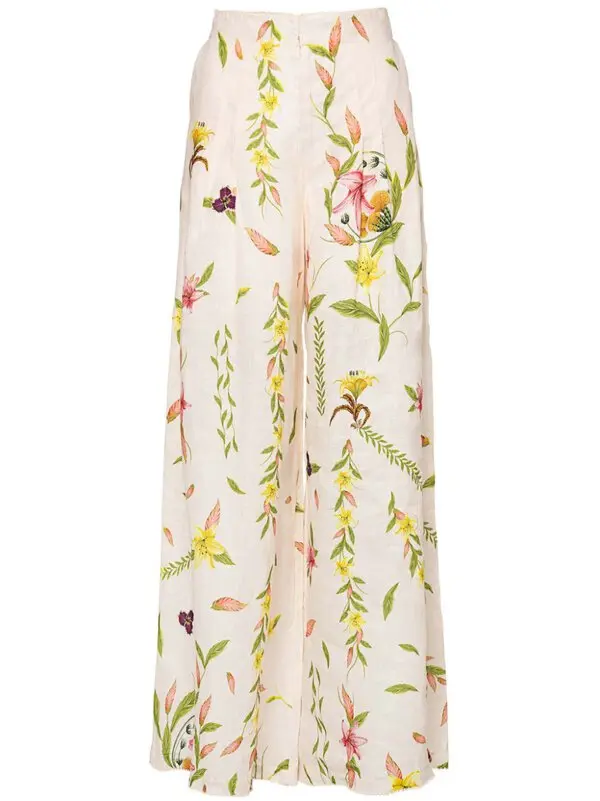 Agua Bendita Piñon Marina Floral Linen Trousers - White