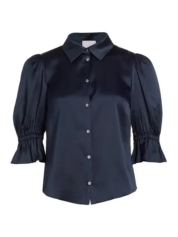 Cinq à Sept Fiona Silk Puff-Sleeve Blouse - Navy | Editorialist