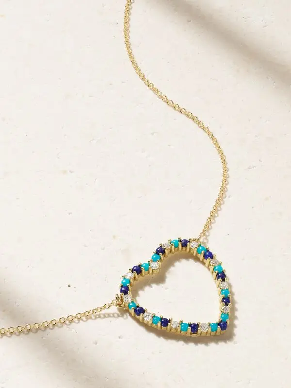 JENNIFER MEYER Open Heart 18-karat Diamond, Turquoise And Lapis Lazuli Necklace