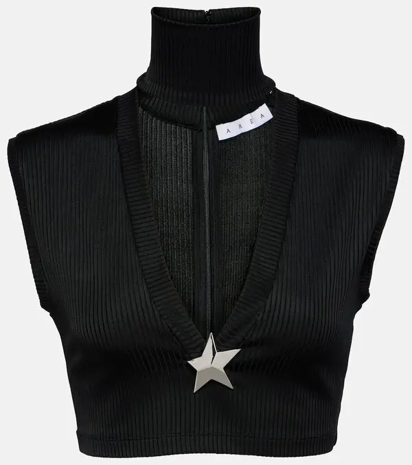 AREA Star Studded Ribbed-knit Crop Top