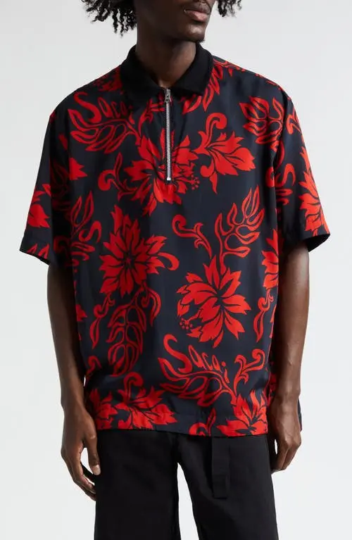 Sacai Floral Print Quarter Zip Pullover In Red - 55% Off