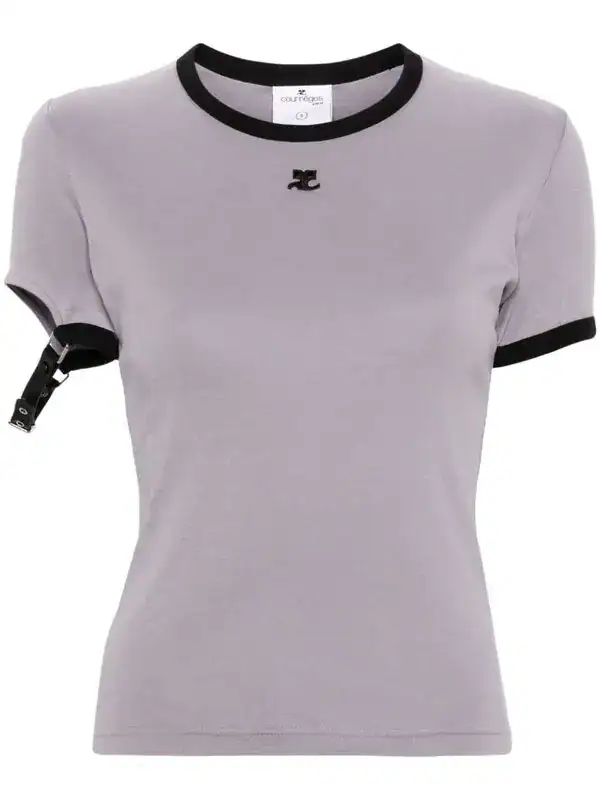 Courreges Buckle Contrast Cotton T-Shirt - Grey - 50% Off 