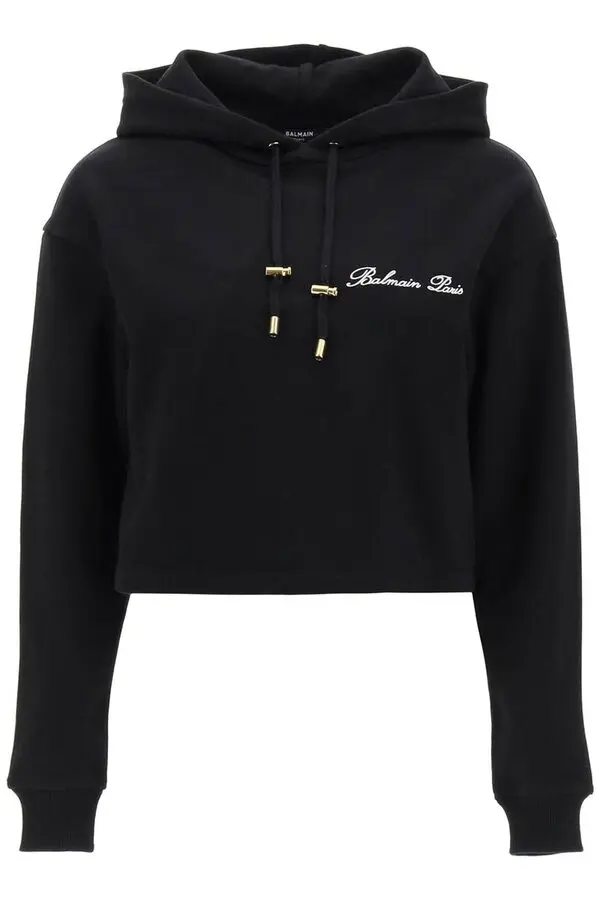 Balmain Cropped Hoodie With Logo Embroidery In Nero 53% Off