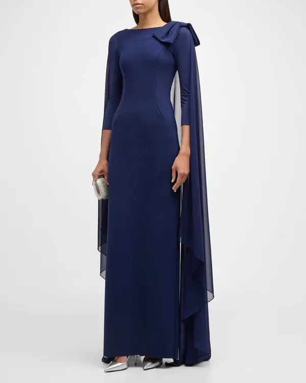 Rickie Freeman For Teri Jon Bateau-Neck Column Cape Gown Navy - Main Image
