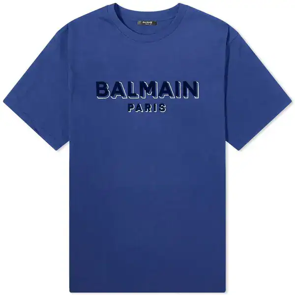 Balmain Flock Logo T-Shirt In Blue/Navy/Silver 60% Off