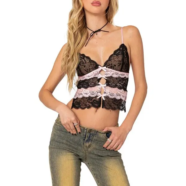 EDIKTED Cara Sheer Lace Tie Back Camisole - Black-and-pink