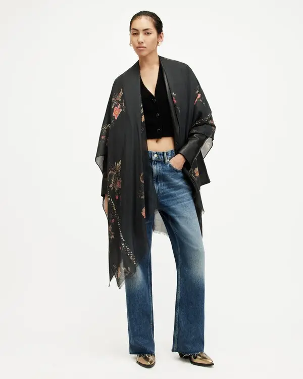All Saints Tanana Floral Print Ruana Scarf - Black | Editorialist