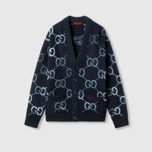 Gucci Wool Cardigan With Gg Intarsia - Blue