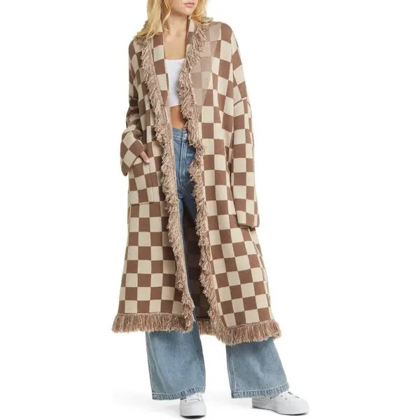 DRESSED IN LALA Fringe Blanket Cardigan - Tan Check