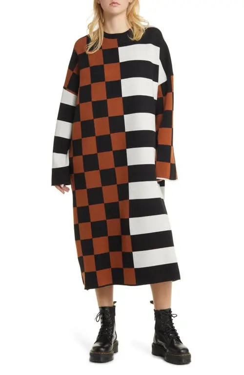 DRESSED IN LALA Check & Stripe Sweater Dress