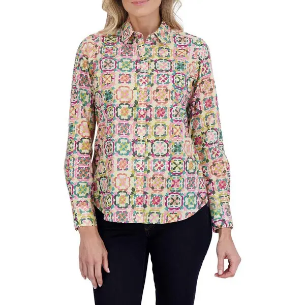 Foxcroft Zoey Watercolor Cotton Button-up Shirt