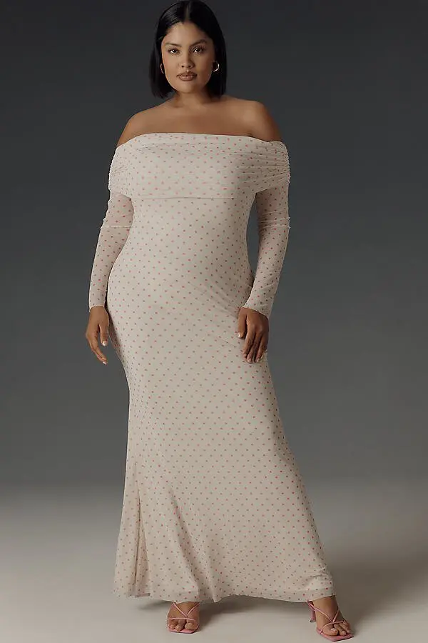 AFRM Long-sleeve Off-the-shoulder Mesh Maxi Dress - Coral Micro Dot