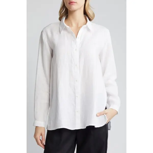 Eileen Fisher Classic Long Sleeve Organic Linen Shirt - White