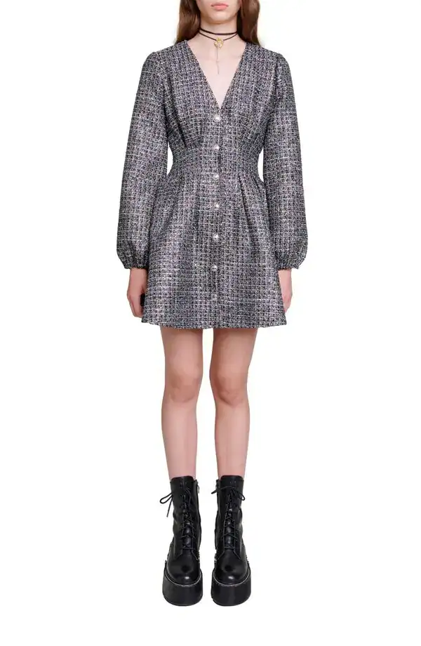 Maje Rimex Metallic Tweed Long Sleeve Dress - Silver | Editorialist