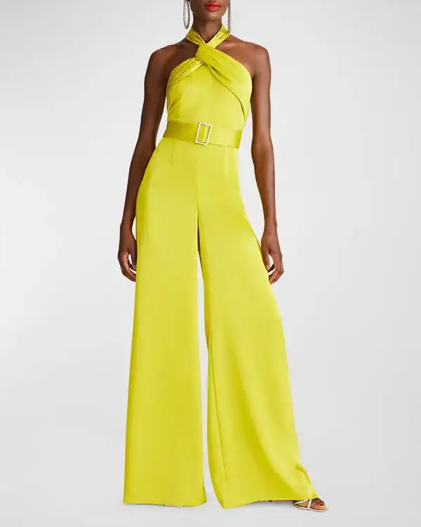 Halston Kani Twist-Front Embellished Halter Jumpsuit Orchid