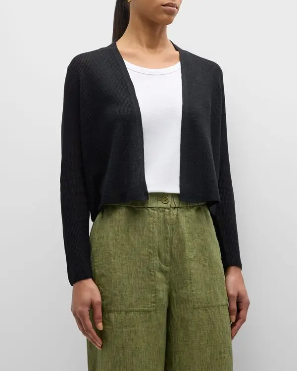 Eileen Fisher Petite Ribbed Open-front Linen-cotton Cardigan - Black