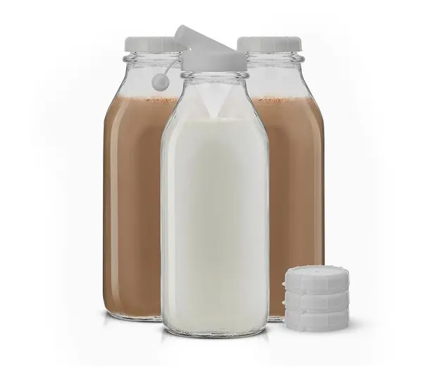 JOYJOLT Glass Milk Bottle With Lid & Pourer 3 2 Oz Set Of