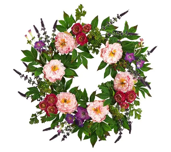 NEARLY NATURAL 22' Assorted Peony Faux Wreath