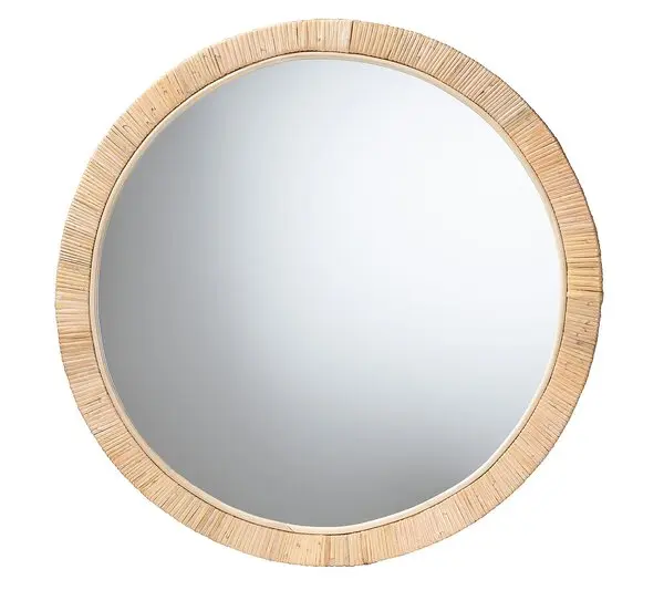 BAXTON STUDIO Bella Brown Wood And Natural Ratt An Round Mirro