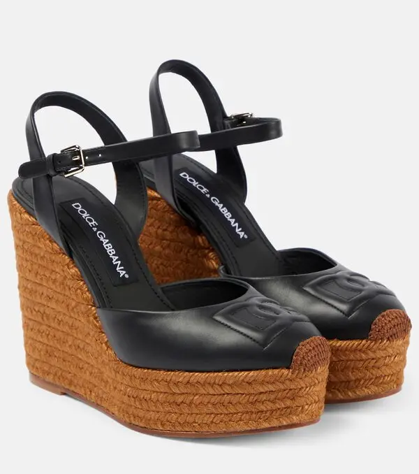 Dolce & Gabbana Logo Embroidered Leather Wedge Espadrilles - Black