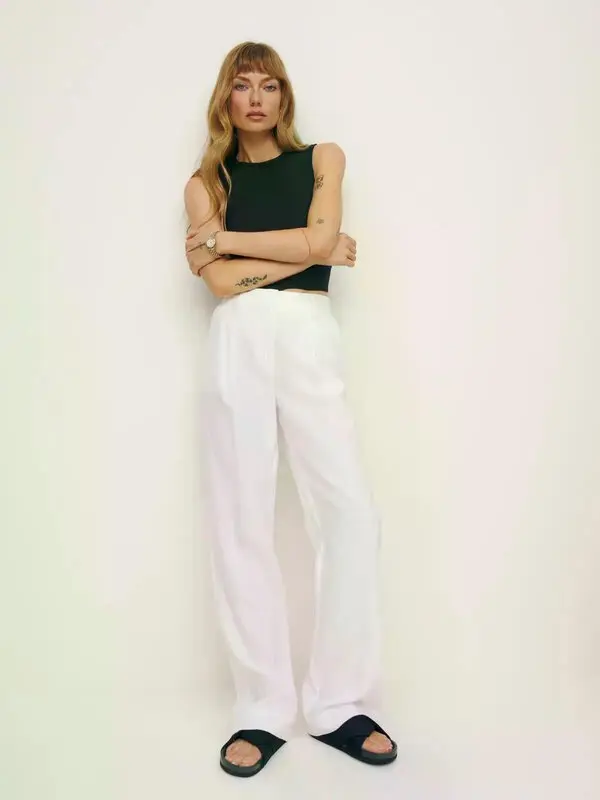 REFORMATION Alex Linen Mid Rise Pant - White
