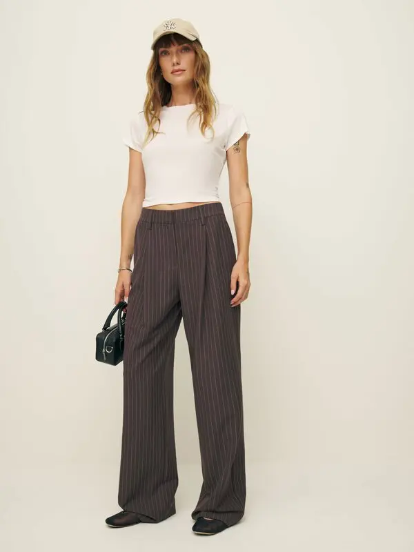 REFORMATION Alex Mid Rise Pant - Chocolate Stripe