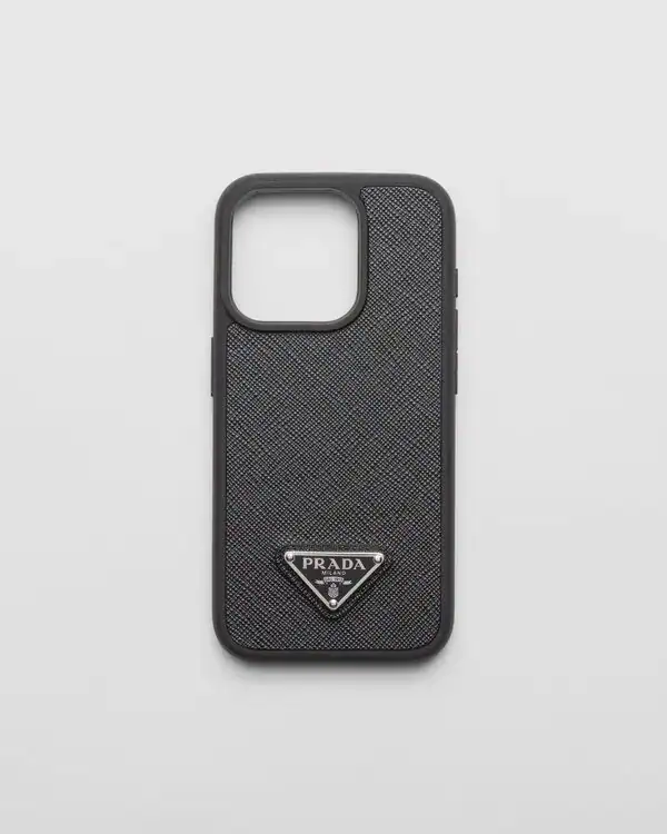 Prada Saffiano Leather Cover For Iphone 15 Pro - Black | Editorialist