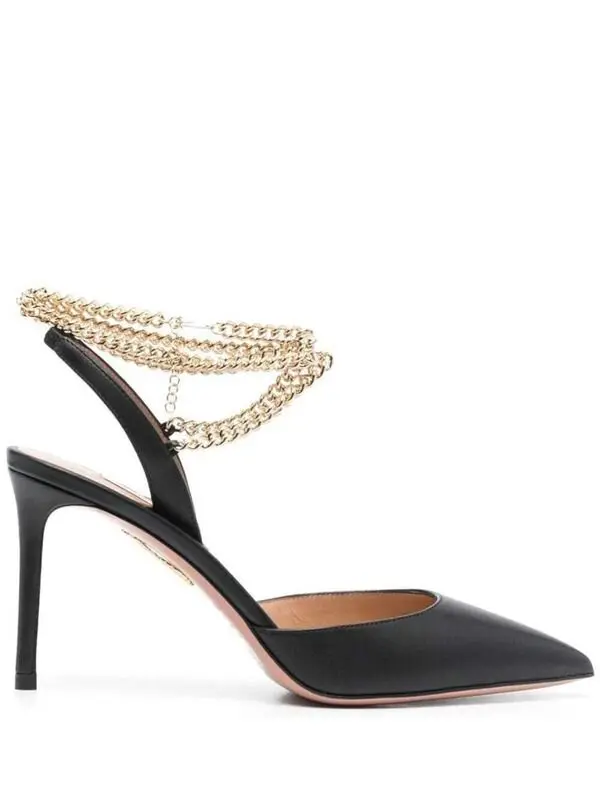 Buy AQUAZZURA Slingback Pumps With Chain Ankle Strap In Leather Black