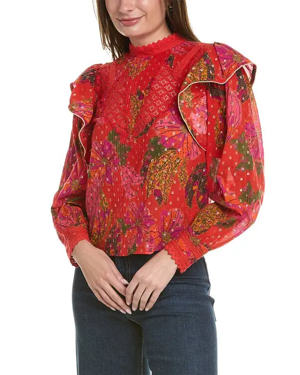Buy Farm Rio Lace Inset Blouse - Red At 64% Off | Editorialist