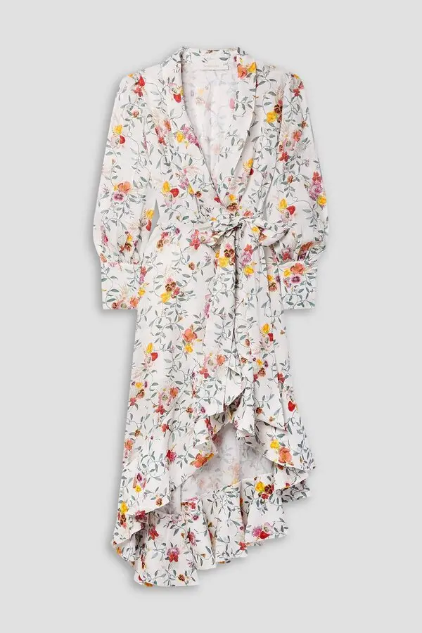 Zimmermann Asymmetric Ruffled Floral-print Linen Midi Wrap Dress