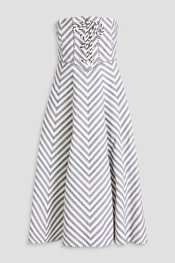 Zimmermann Strapless Lace-up Herringbone Midi Dress - Navy