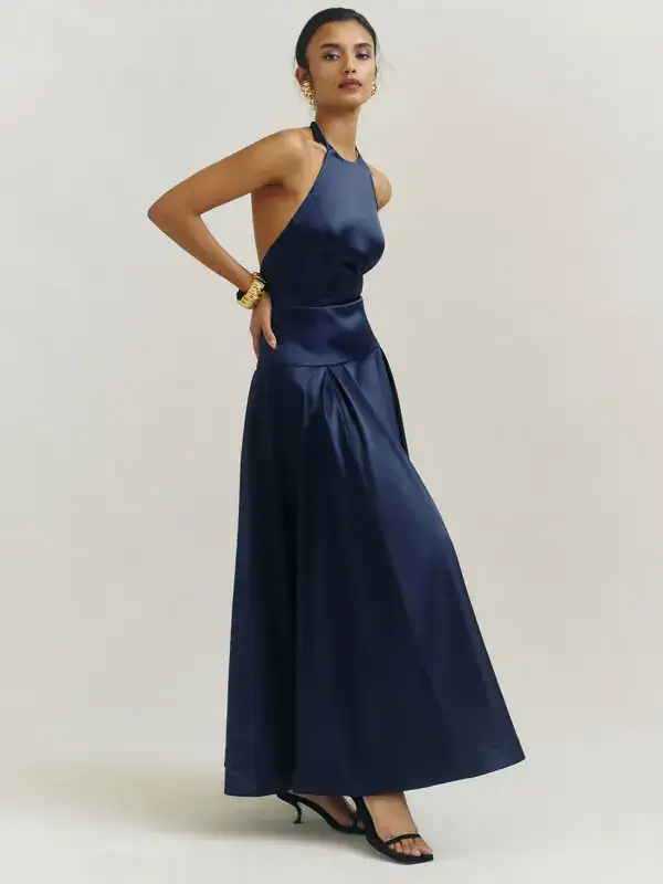 halter drop waist maxi dress in navy Hollie Structured Corset Mini Dress / Gold | MESHKI main image 0