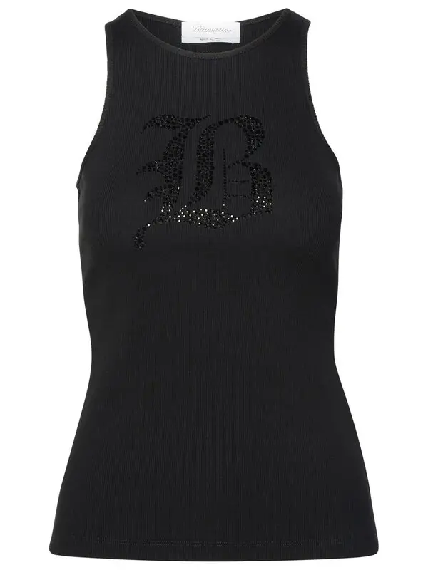 Blumarine Logo Ribbed Cotton Tank Top - Black