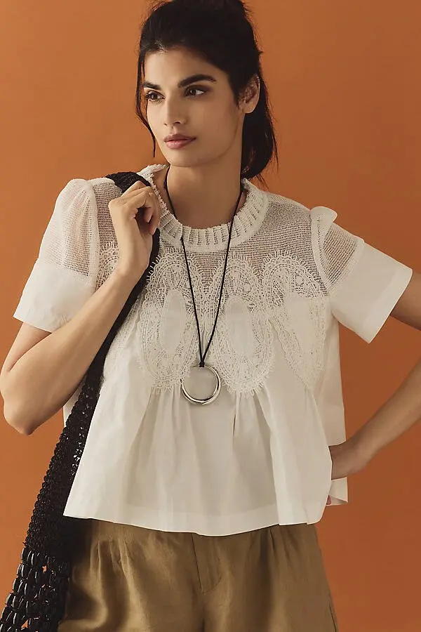 EN ELLY Iris Short-sleeve Lace Poplin Blouse - White