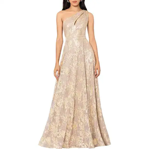 Betsy & Adam Metallic Floral One-shoulder Gown - White/ Pink/ Gold |  Editorialist