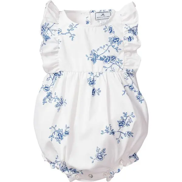 PETITE PLUME Ruffle Trim Cotton Blend One-piece Pajamas - White