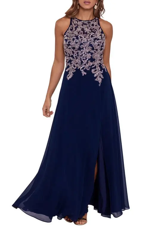 Betsy & Adam Embellished Bodice Chiffon Gown