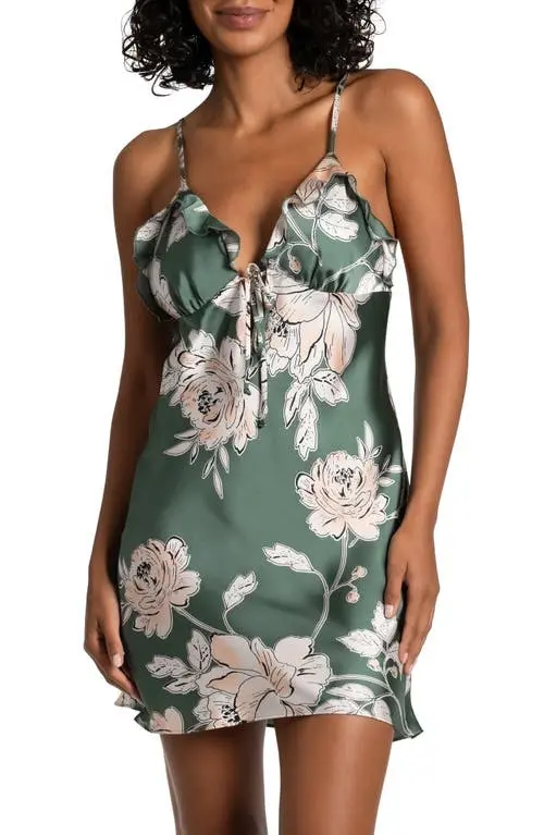 MIDNIGHT BAKERY Fiji Floral Print Ruffle Trim Satin Chemise
