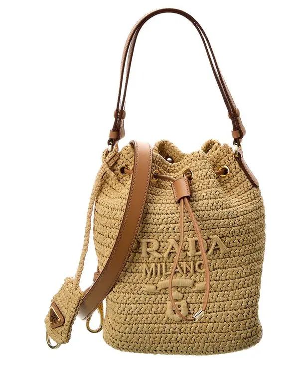 Buy Prada Raffia & Leather Bucket Bag - Brown At 18% Off | Editorialist