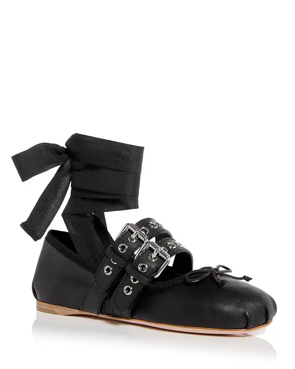 Miu Miu Buckled Ankle Tie Ballet Flats