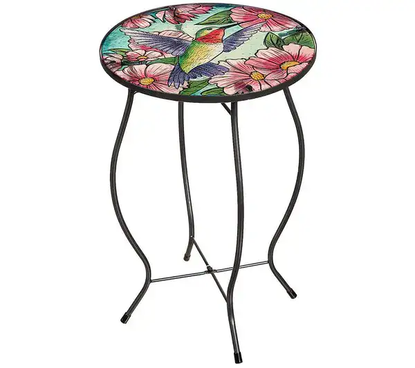 EVERGREEN Hummingbird & Flowers Glass Outdoor S Ide Table - One-color ...